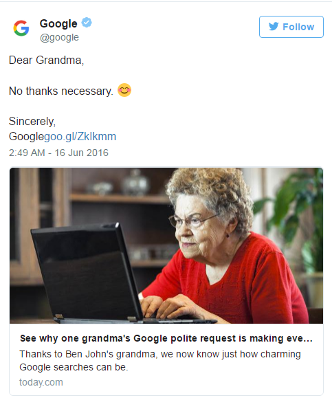 Google responds to hilariously polite grandma